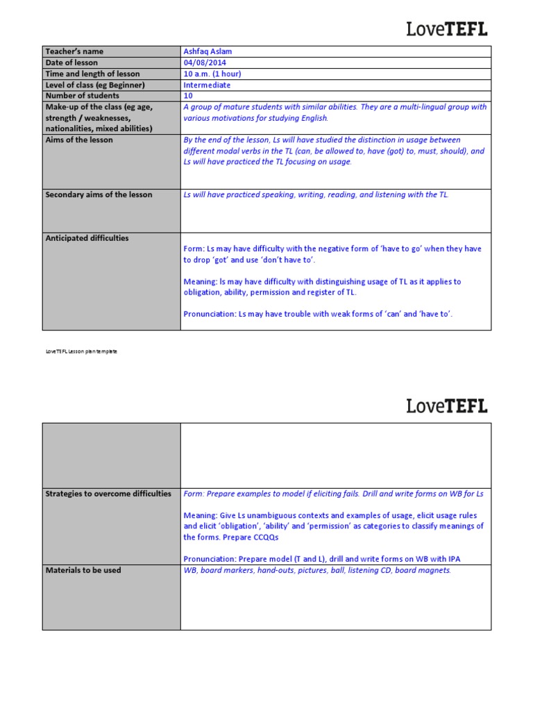 Lesson Plan Modal Verbs | PDF | Lesson Plan | Teaching