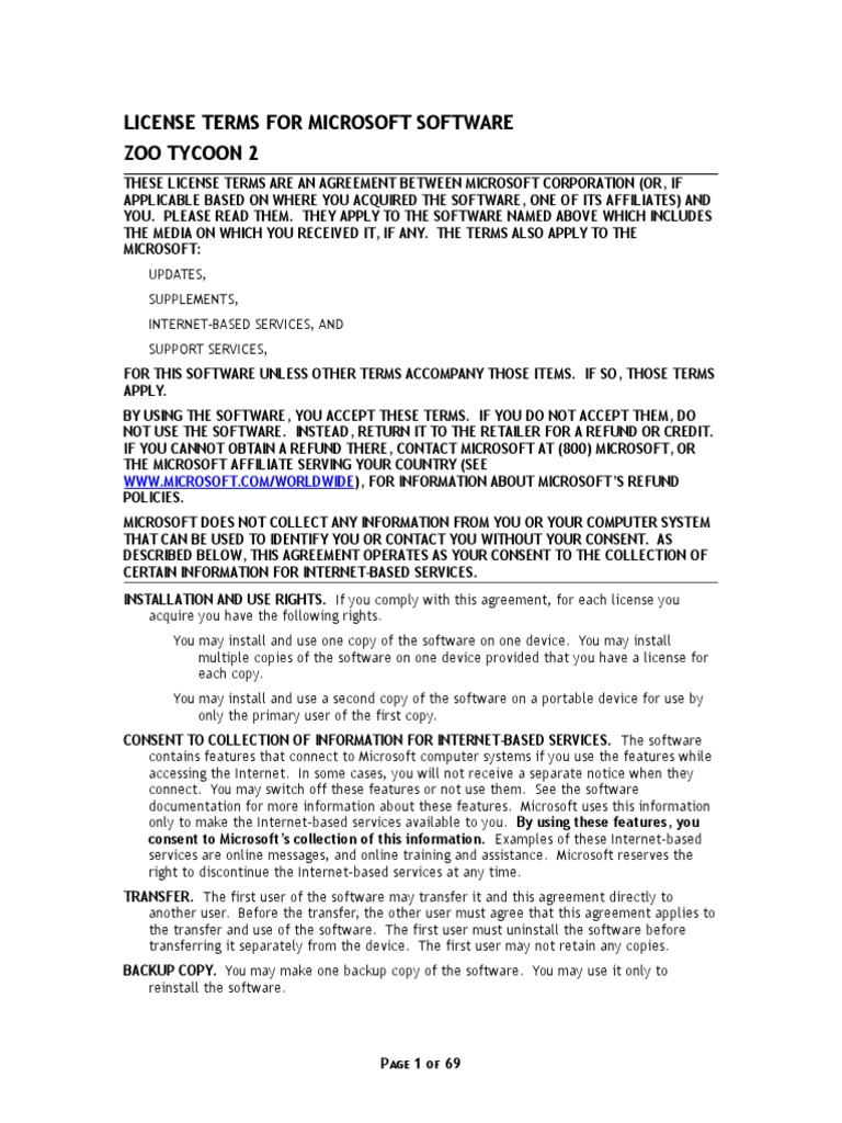 License Terms For Microsoft Software Zoo Tycoon 2: AGE OF | PDF ...