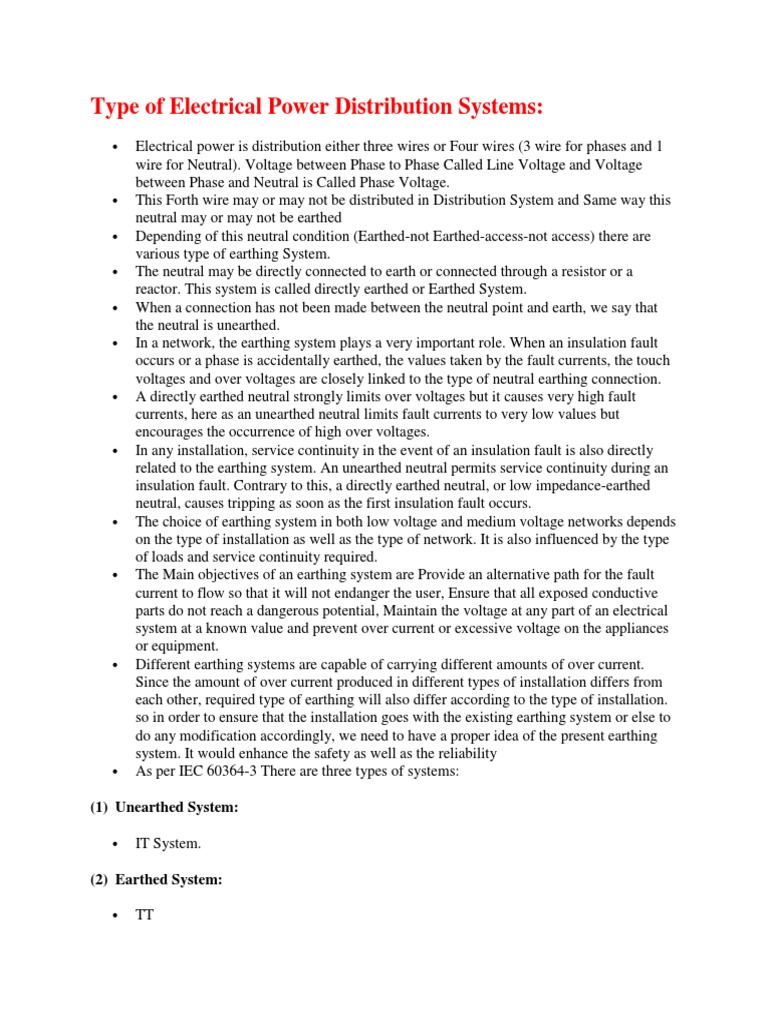Type of Earthing Electrical Power Distribution Systems | PDF