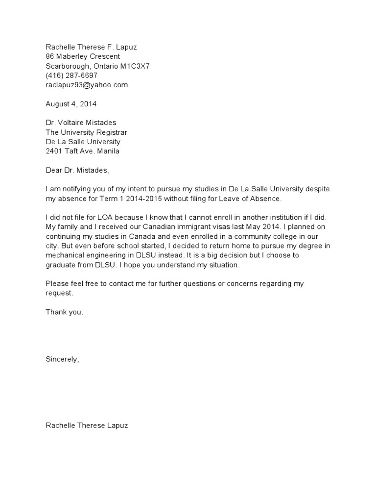 Letter of Intent To Return To School Sample | PDF