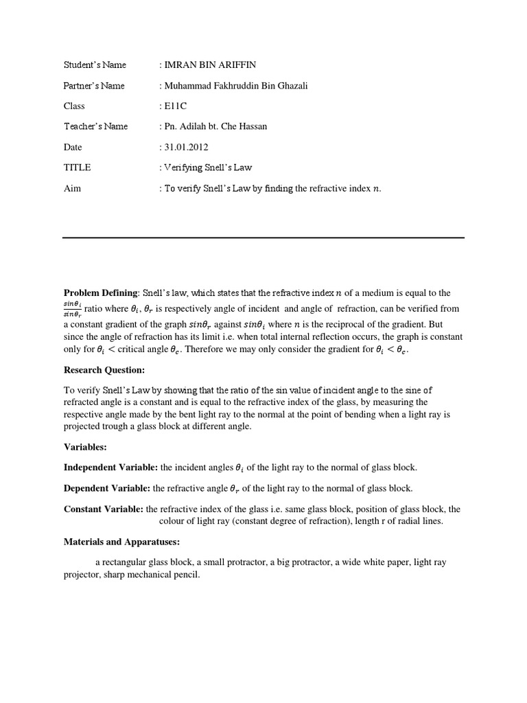 Lab Report Physics | PDF | Refraction | Refractive Index