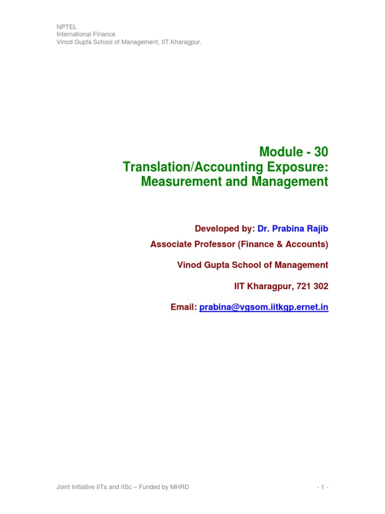Module - 30 Translation/Accounting Exposure: Measurement and Management ...