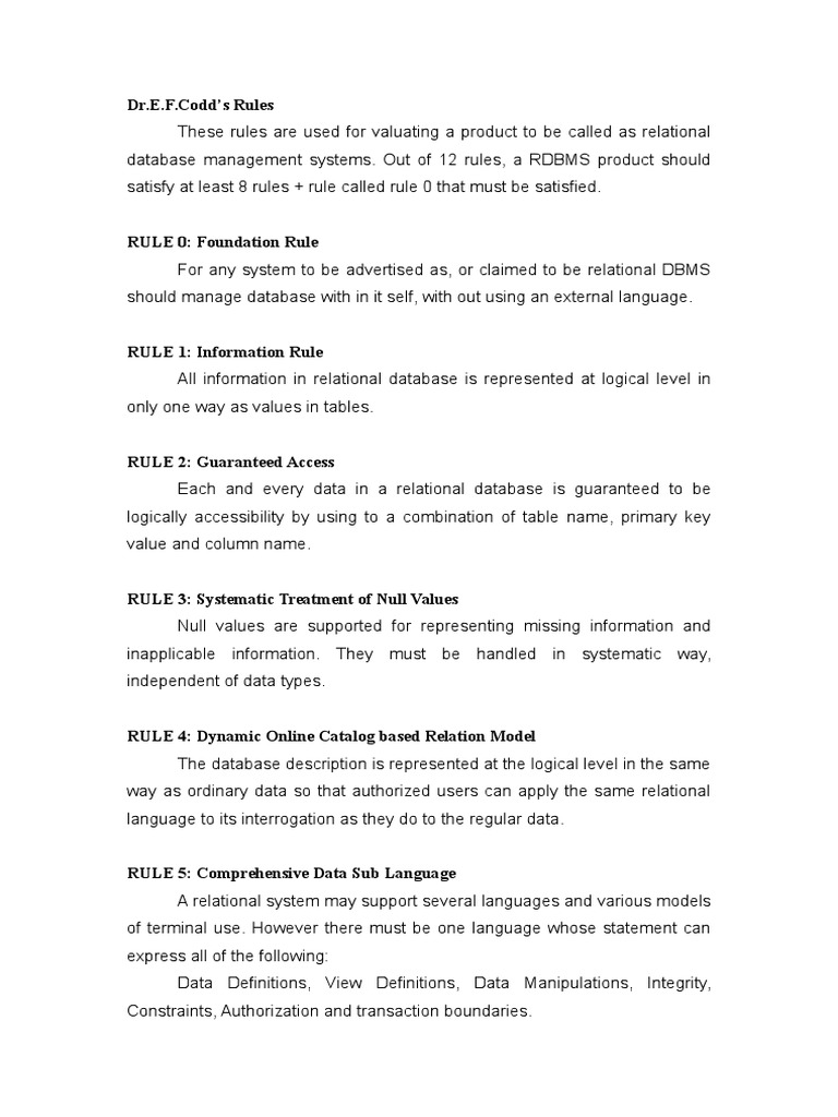 Dr.E.F.Codd's Rules | PDF | Relational Database | Databases