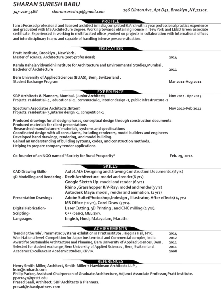 Resume Sharan Suresh Babu | PDF | Architect | 3 D Modeling