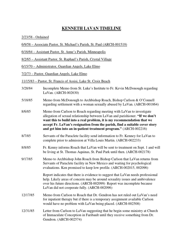 Timeline of Father Kenneth LaVan | PDF | Catholic Church Sexual Abuse ...