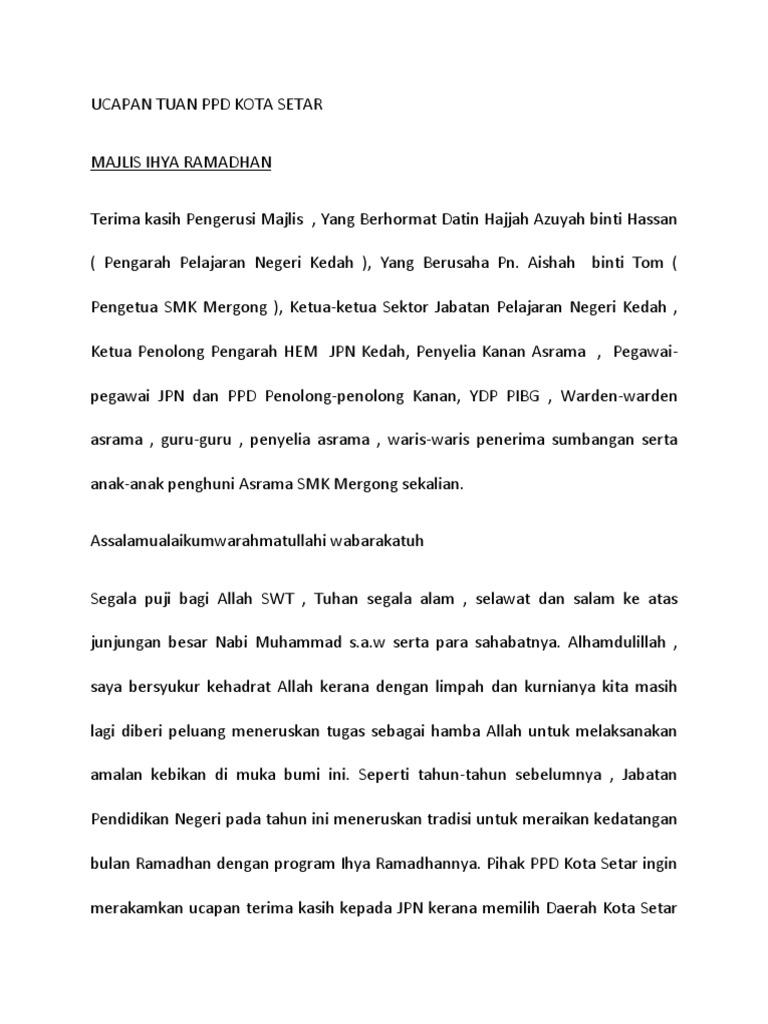 Ucapan Tuan PPD Kota Setar | PDF