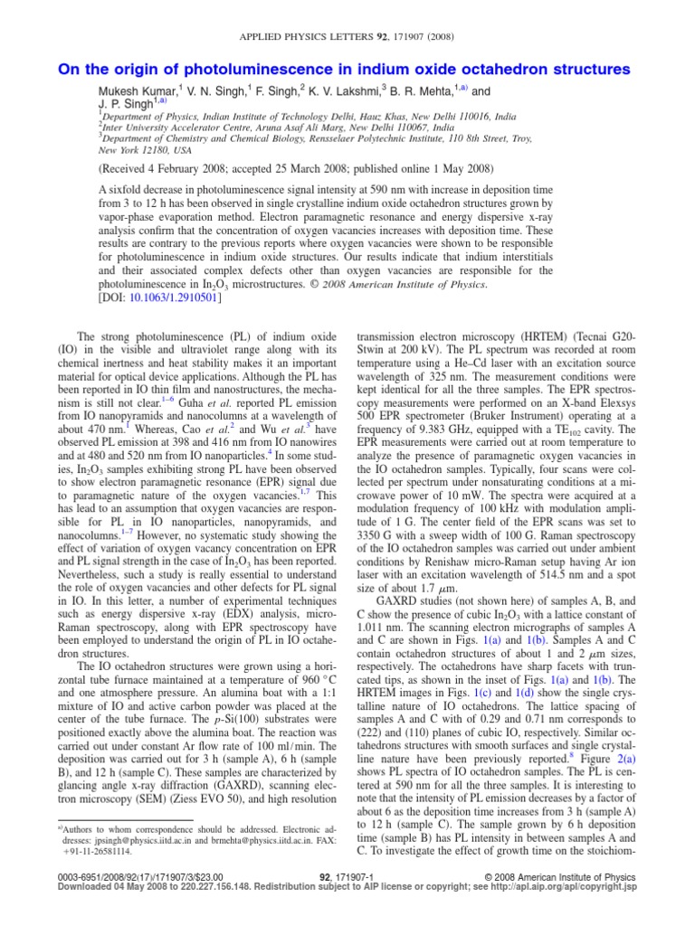 Origin of Photo Luminescence in Indium Oxide Ron Structures | PDF ...