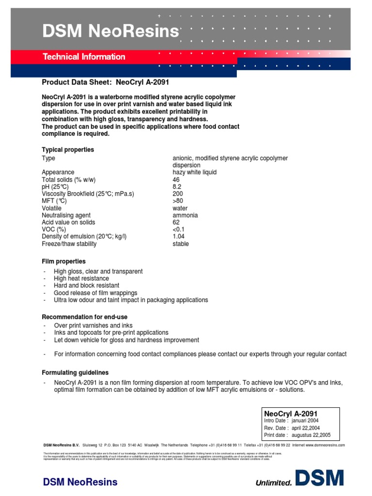NeoCryl A-2091 Pds | PDF | Varnish | Chemistry