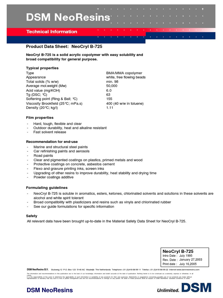 NeoCryl B-725 Product Data Sheet | PDF | Business | Art