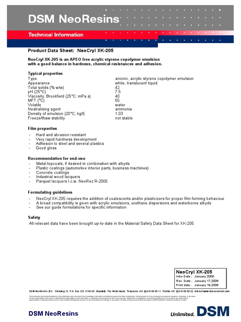 NeoCryl XK-205 Pds | PDF | Poly(Methyl Methacrylate) | Emulsion