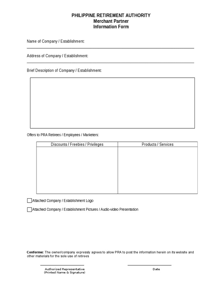 Philippine Retirement Authority Merchant Partner Information Form | PDF