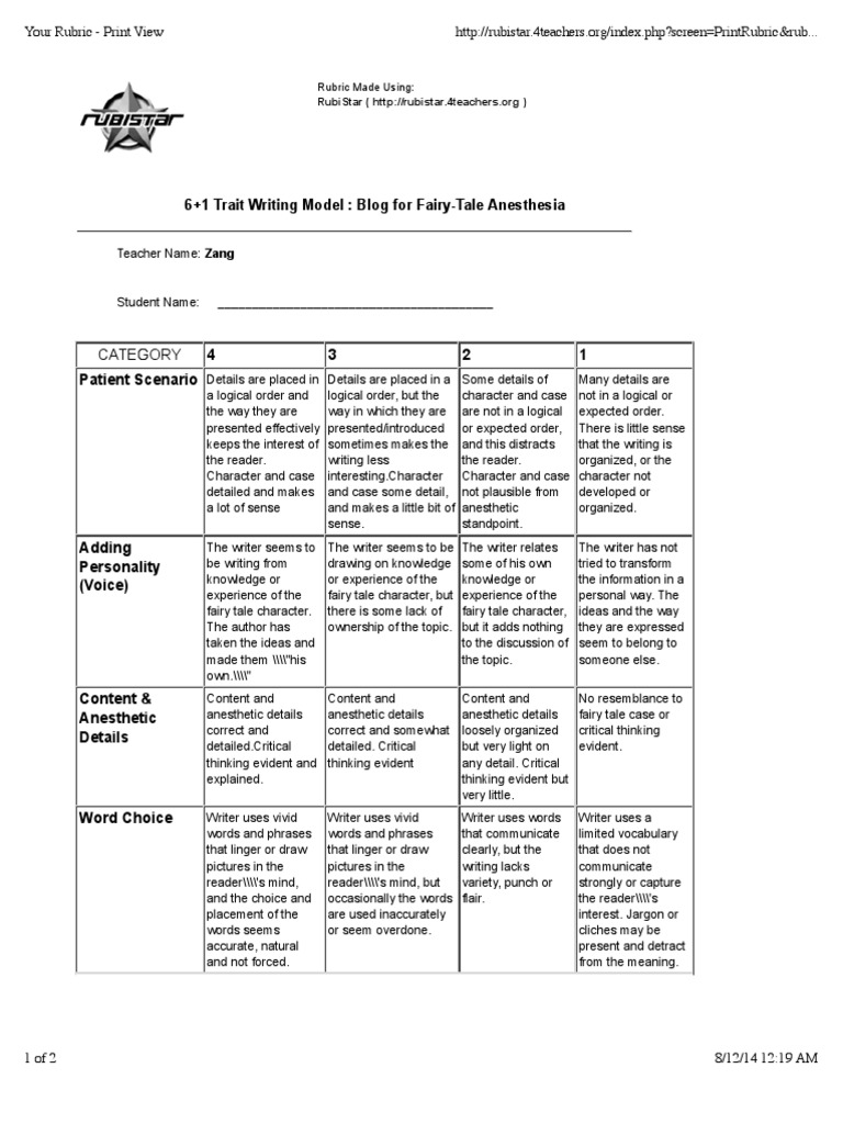 FairyTale Local Anesthesia Blog Rubric | PDF | Anesthesia | Fairy Tales