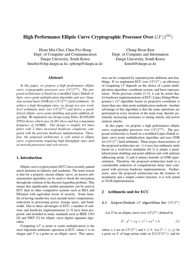 High Performance Elliptic Curve Cryptographic Processor Over GF (2163) | PDF