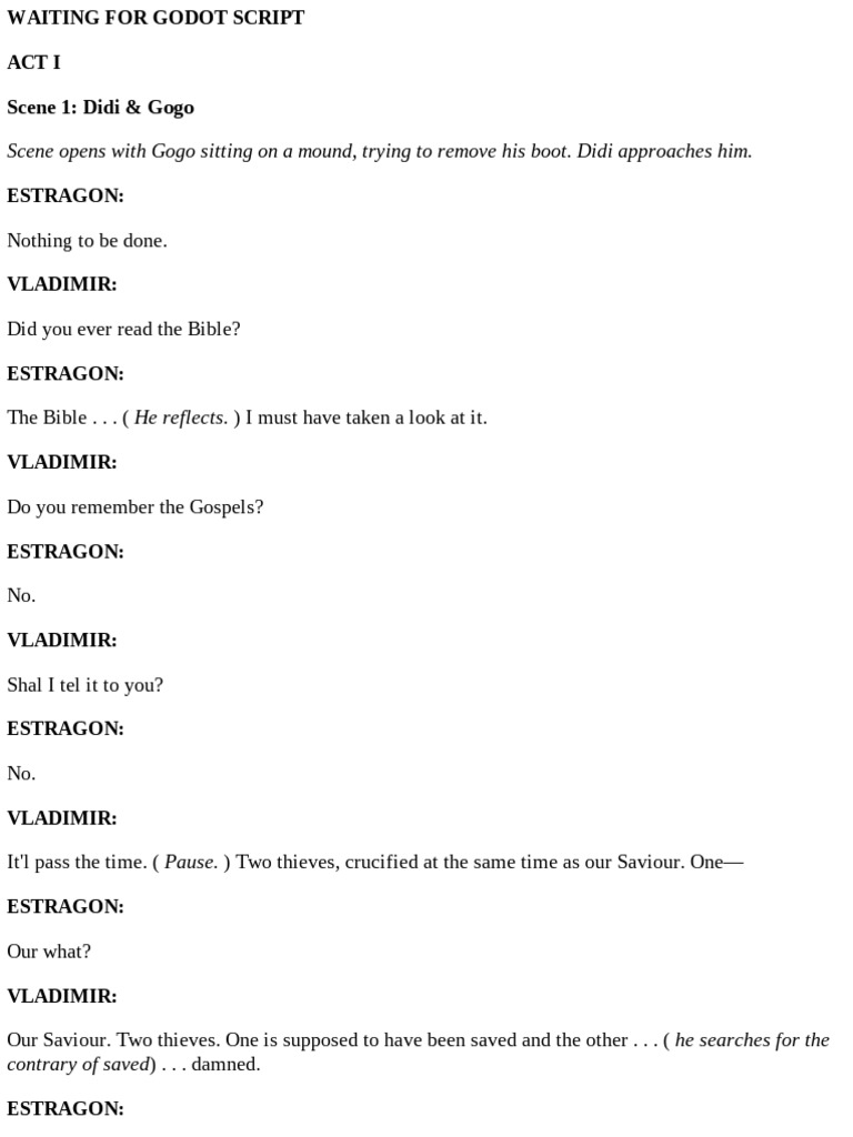 DRAMA Waiting For Godot Script | PDF | Samuel Beckett | Theatre