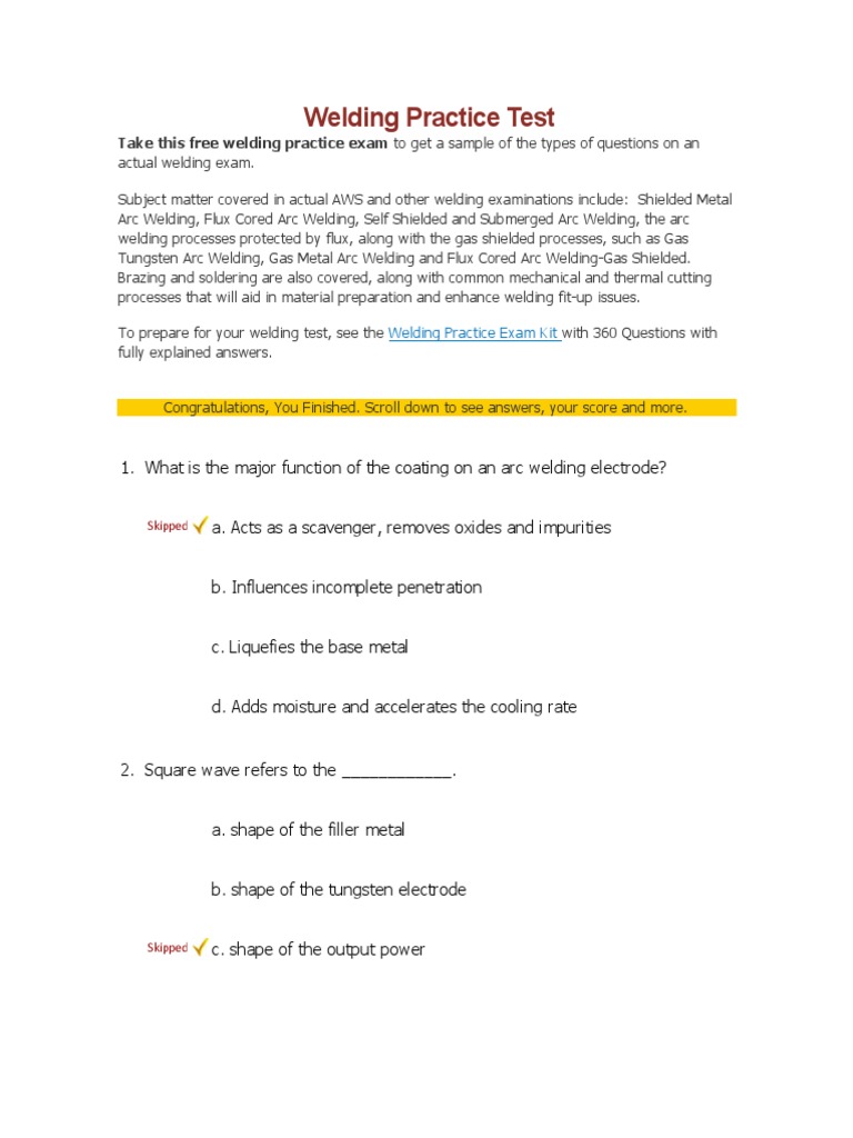 Welding Practice Test | Download Free PDF | Welding | Construction