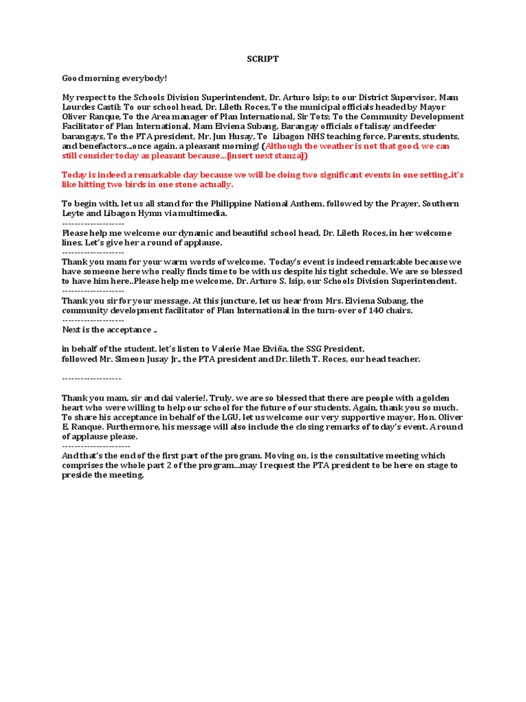 Emcee Script For Turn Over Ceremony | PDF