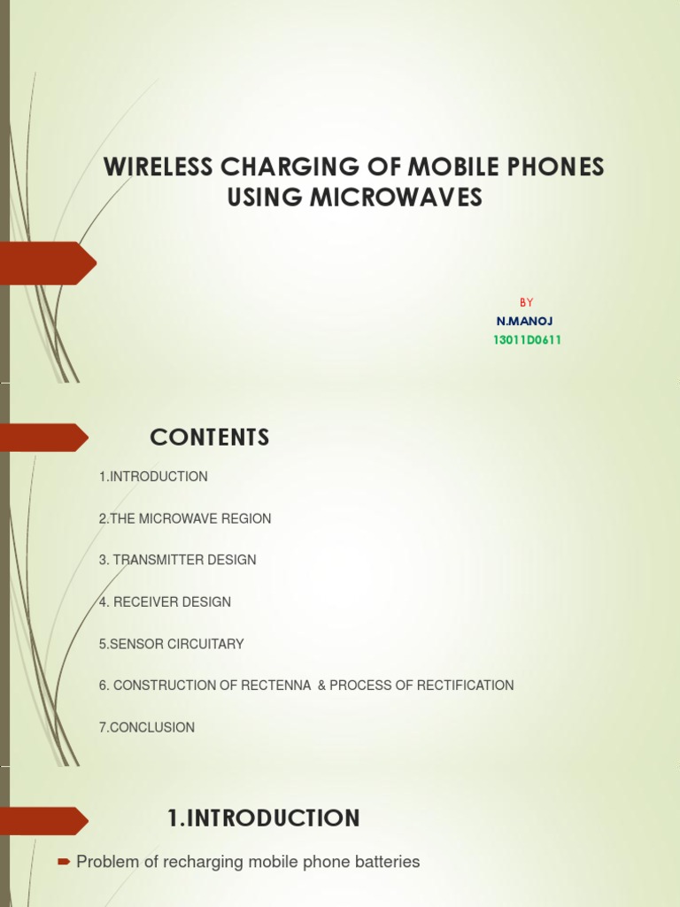 Wireless Charging of Mobile Phones Using Microwaves: N.Manoj | PDF | Microwave | Transmitter