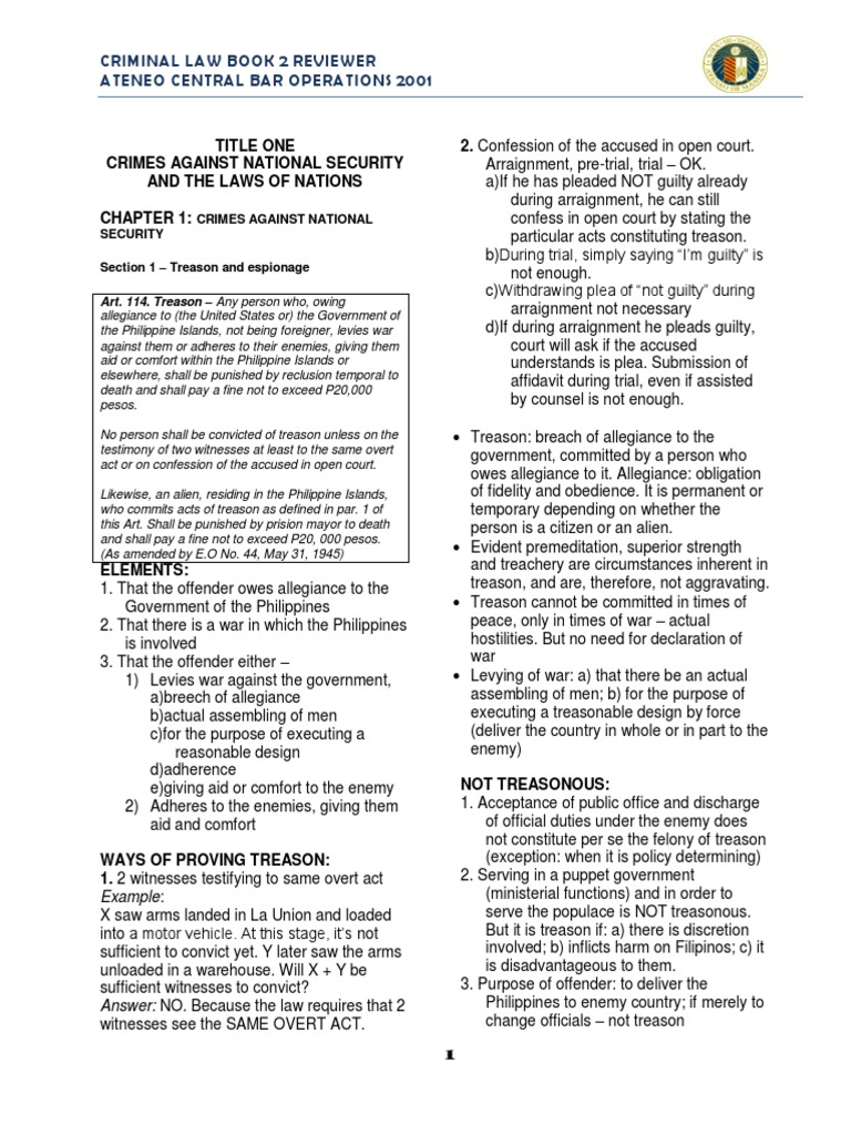 Criminal Law Book 2 Ateneo Reviewer | PDF | Treason | Detention ...