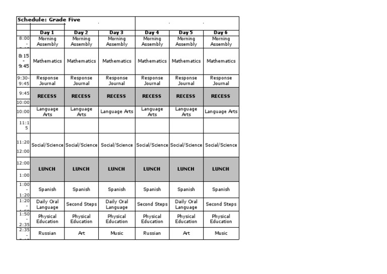 5th Grade Daily Schedule Overview | PDF