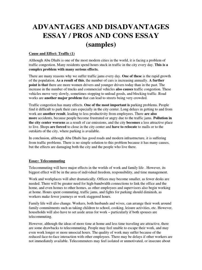 Advantages and Disadvantages Essay | PDF | Telecommuting | Traffic Congestion
