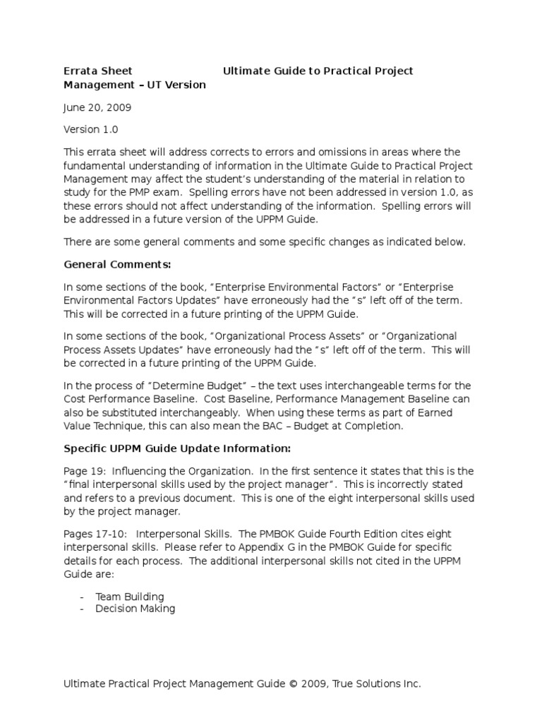 Errata Sheet-UPPM Guide 062009 | PDF | Project Management | Product ...