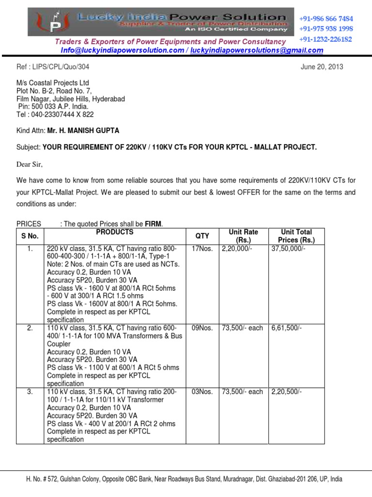 Quotation 220KV 110KV CTs | PDF