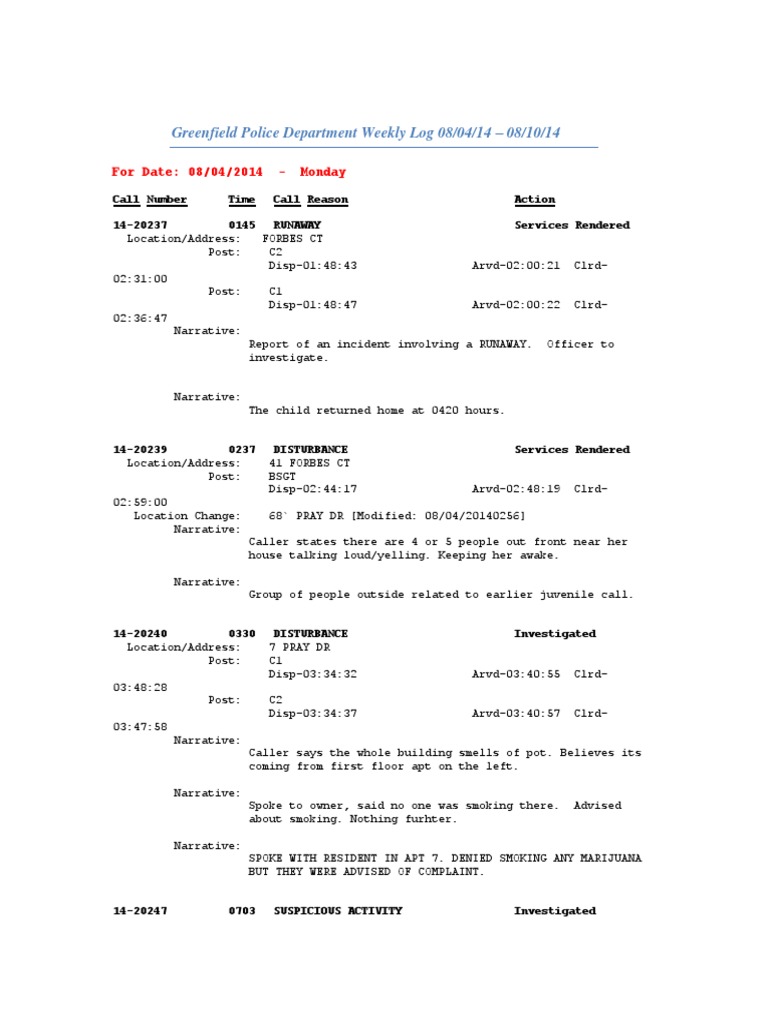 Police Log: Aug 4-10, 2014 | PDF | 9 1 1 | Arrest