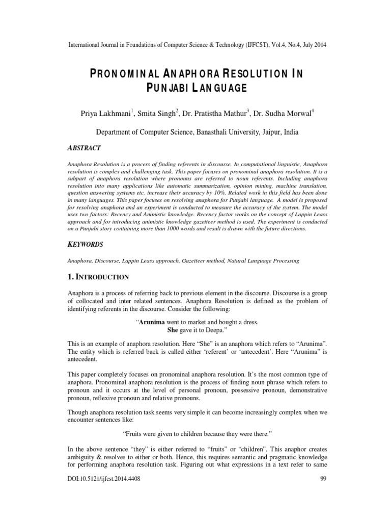 Pronominal Anaphora Resolution in | PDF | Pronoun | Grammatical Gender