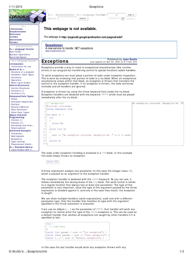 Exceptions | PDF | C++ | Parameter (Computer Programming)