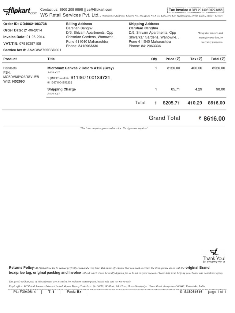 WS Retail Services Pvt. LTD.,: Grand Total | PDF