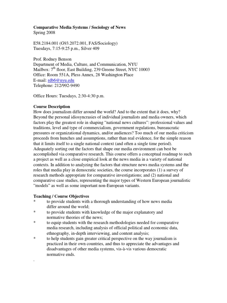 Comparative Media Systems / Sociology of News: Rdb6@nyu - Edu | PDF ...