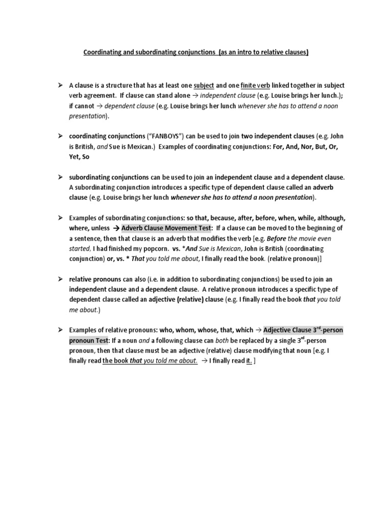 Coordinating & Suboordinating Conjunctions and Relative Clauses Primer | PDF | Clause | Syntax