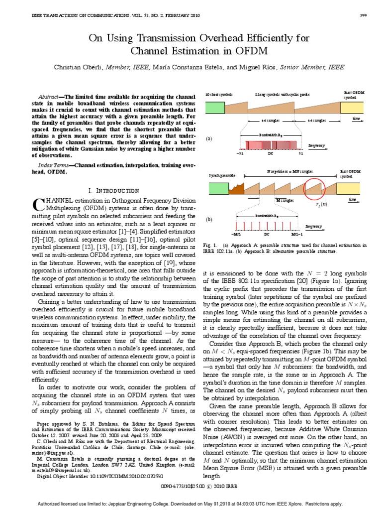 On Using Transmission Overhead Efficiently For Channel Estimation in OFDM | PDF | Discrete ...