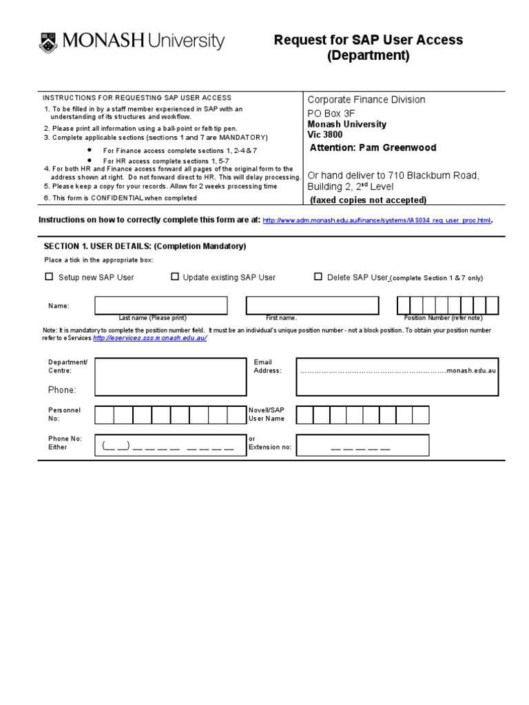 Request For SAP User Access (Department) : Corporate Finance Division ...