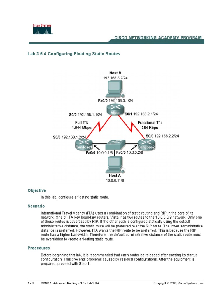 Lab 3.6.4 Configuring Floating Static Routes: Objective | PDF ...