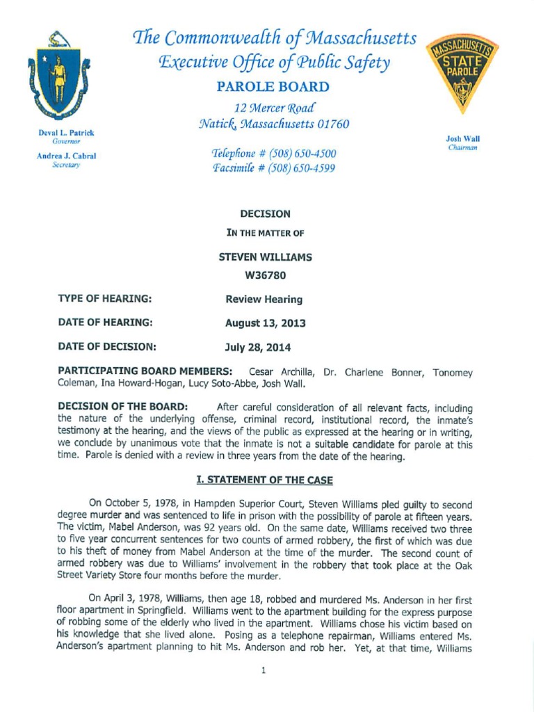 Steven Williams Parole Board Decision | PDF