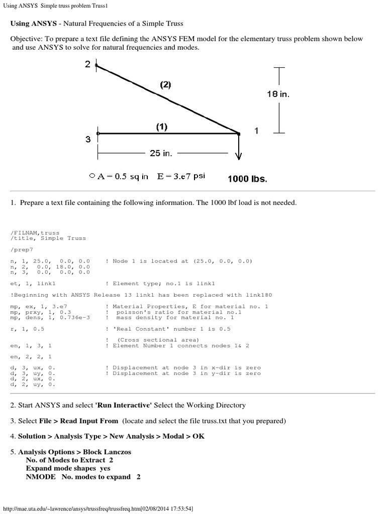 Using Ansys Simple Truss Problem Truss1 Normal Mode Mathematical Problem Solving