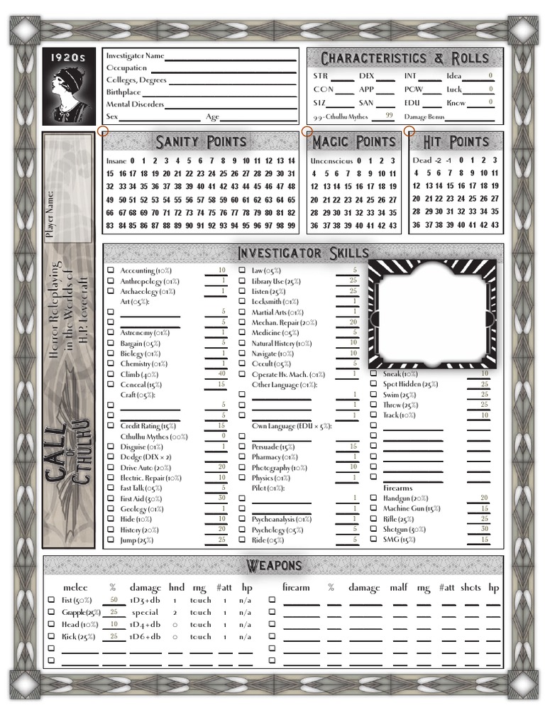 6th Edition Call of Cthulhu Character Sheet