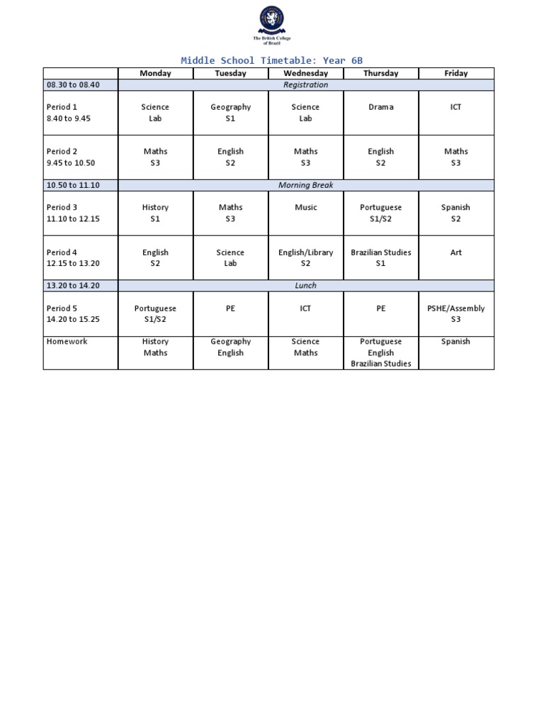 Year 6B Middle School Schedule | PDF