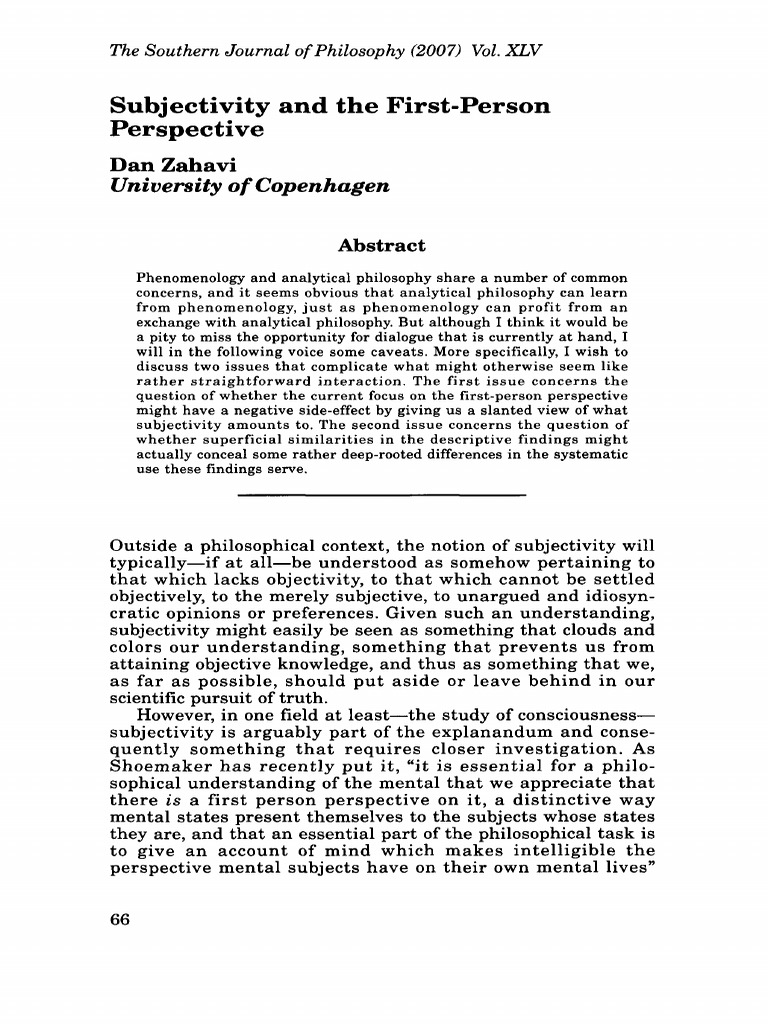 Subjectivity & 1st Person Perspctive - Zahavi | PDF | Phenomenology ...