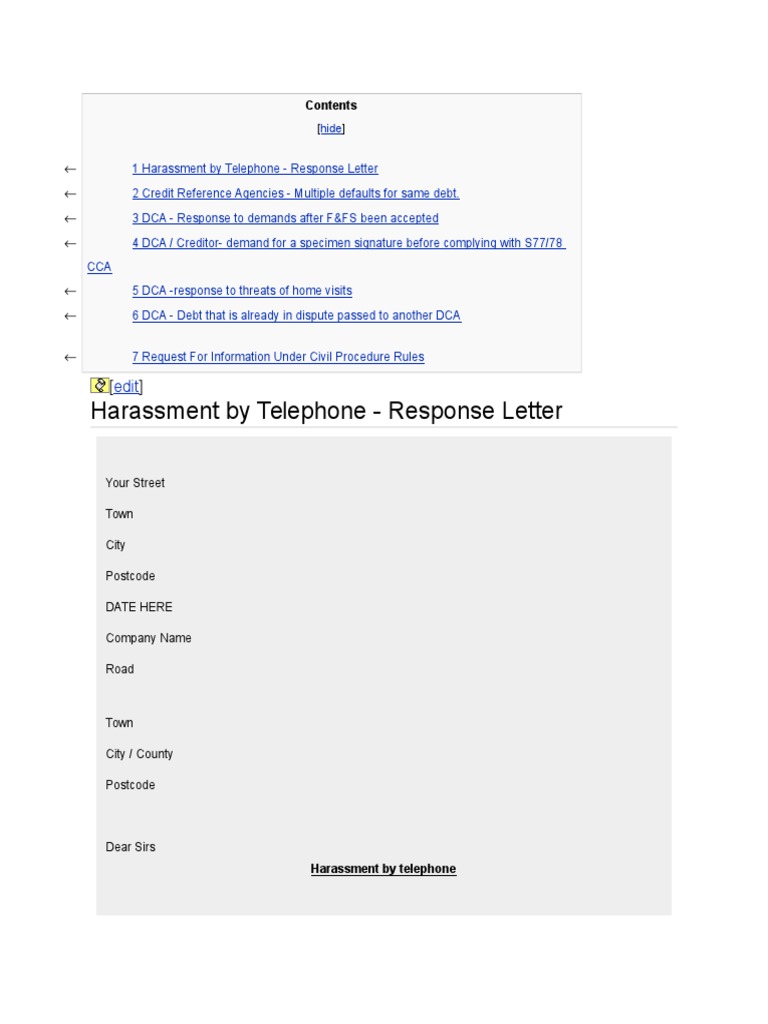 Harassment by Telephone - Response Letter: Your Street Town City ...