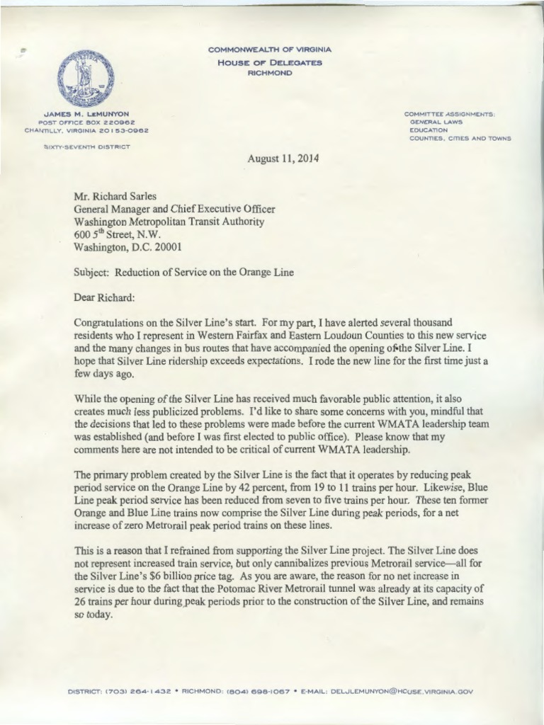 LeMunyon Letter To WMATA | PDF | Washington Metro | Rail Transport
