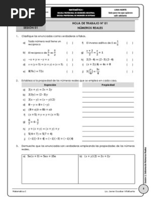 Hojas De Trabajo Sobre Propiedades De Los Números En Formato Pdf