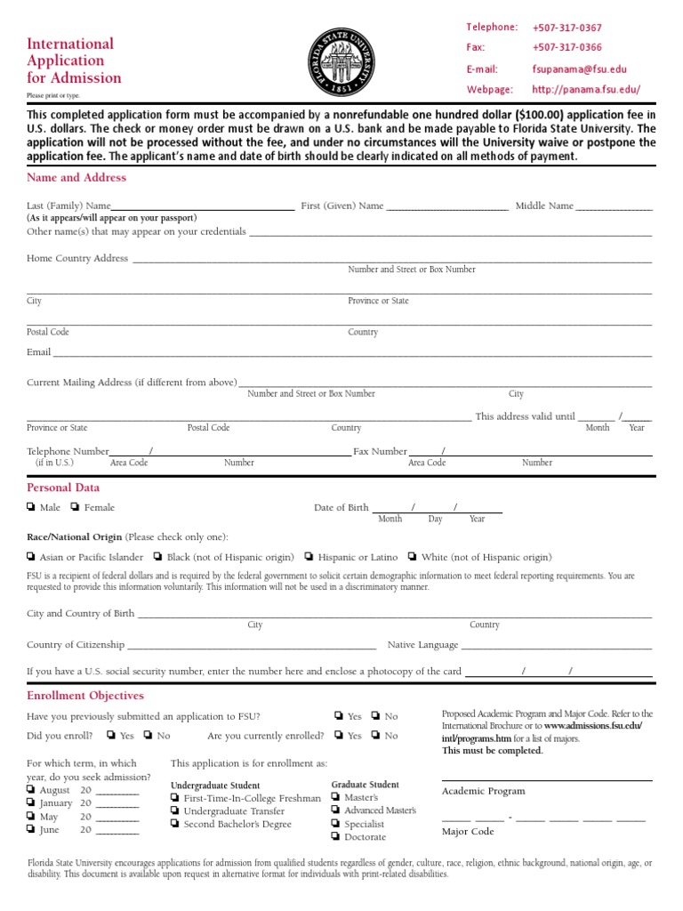 FSU International Admission Form | PDF | Race And Ethnicity In The ...
