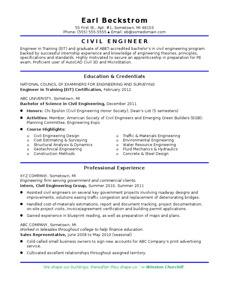 Sample Resume Civil Engineer Entry Level | PDF | Career & Growth