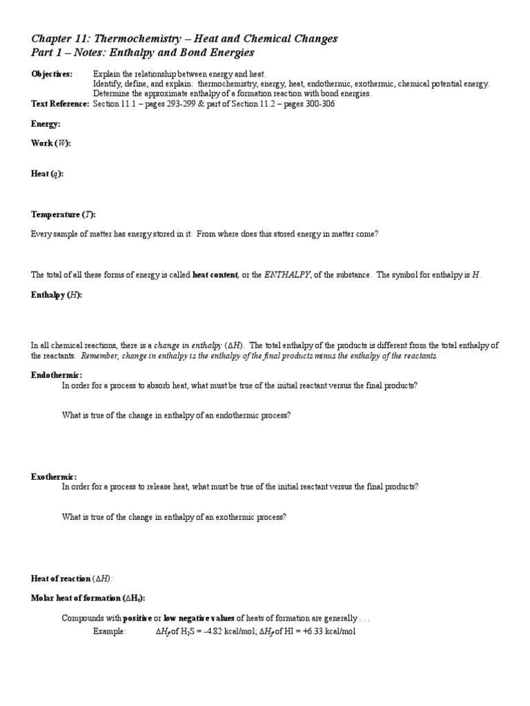 Chapter 11: Thermochemistry - Heat and Chemical Changes Part 1 - Notes ...