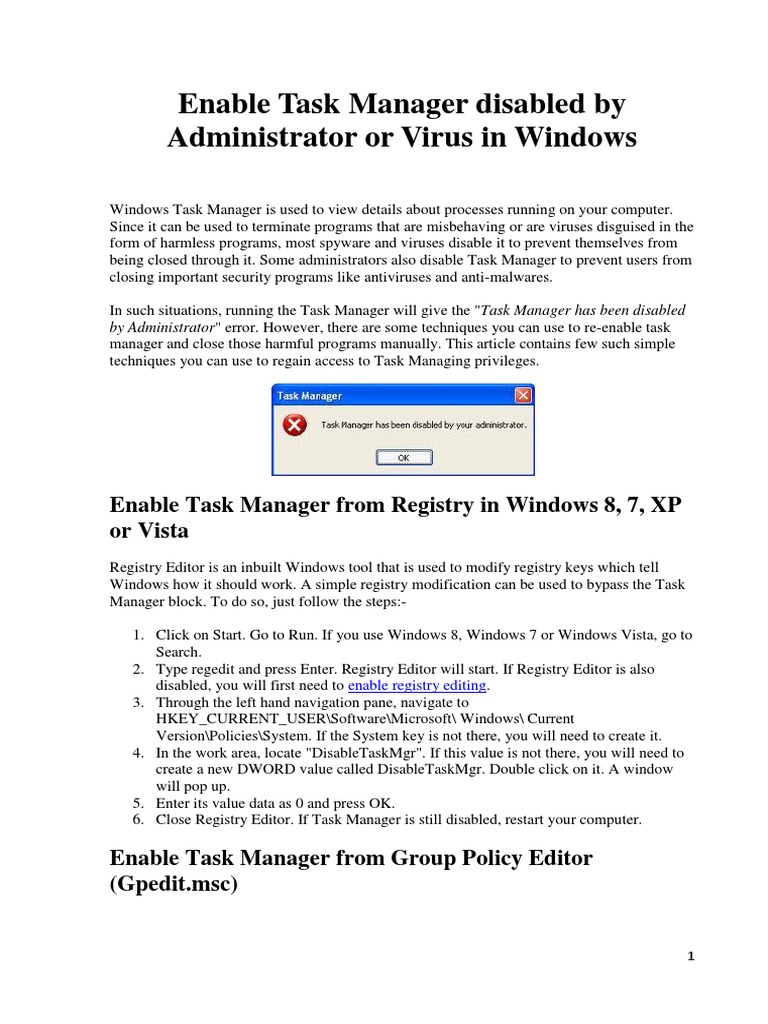Enable Task Manager Disabled by Administrator or Virus in Windows | PDF ...