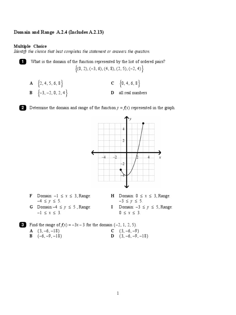 Domain and Range A.2.4 (Includes A.2.13) : Multiple Choice | PDF ...