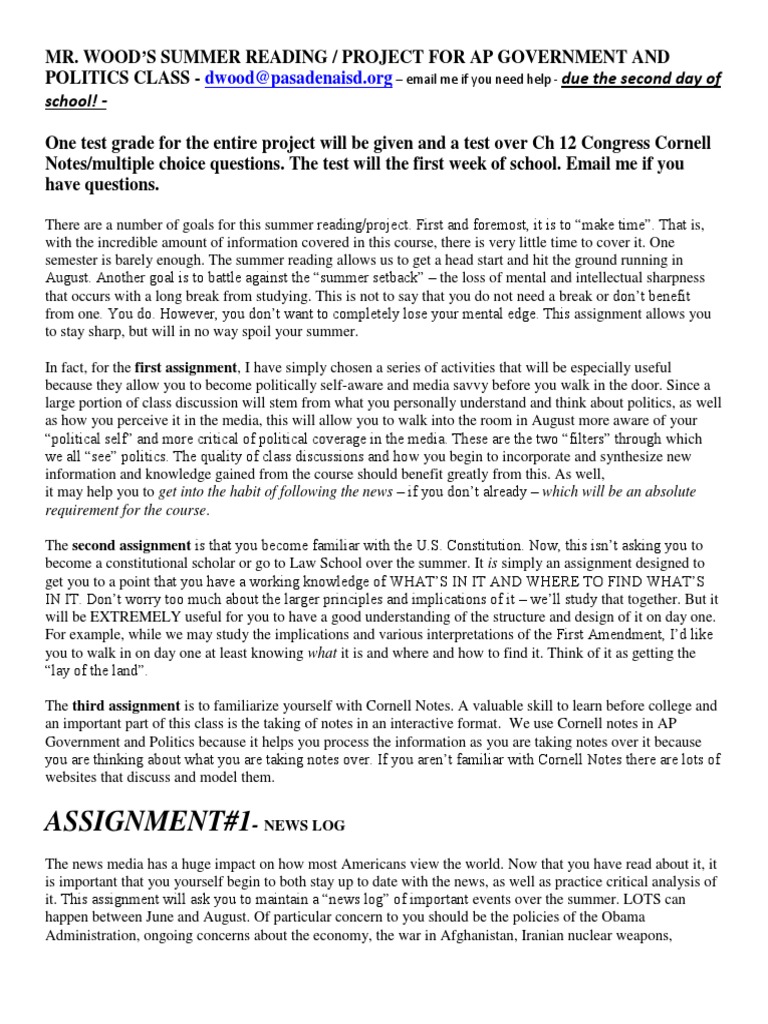 Summer Assignments | PDF | Federal Government Of The United States ...