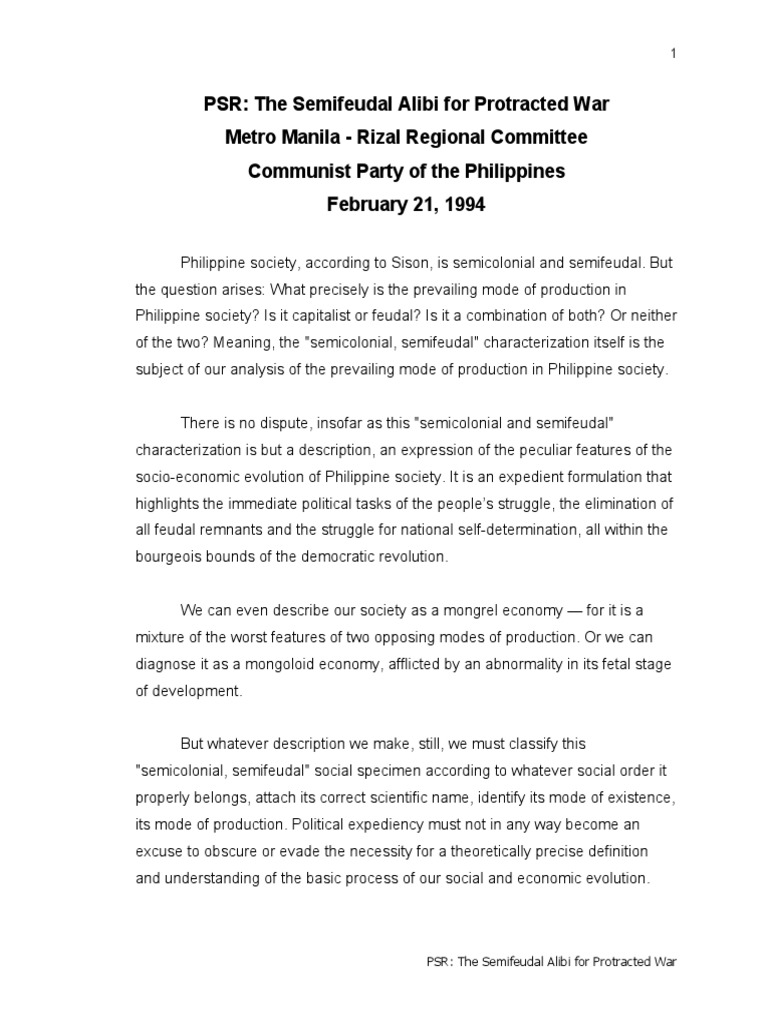 Filemon Ka Popoy Lagman - PSR, A Semi-Feudal Alibi For Protracted War ...
